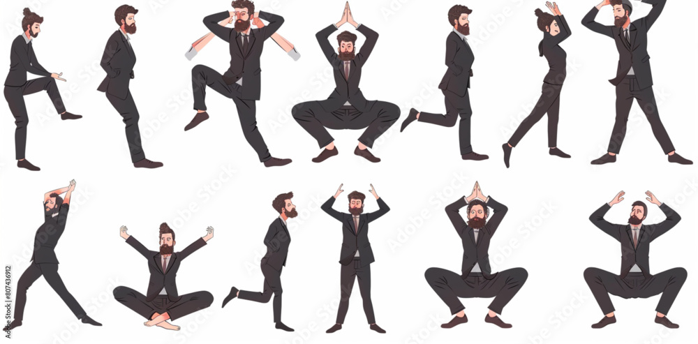 set of multiple poses and expressions, character sheet design of young ...