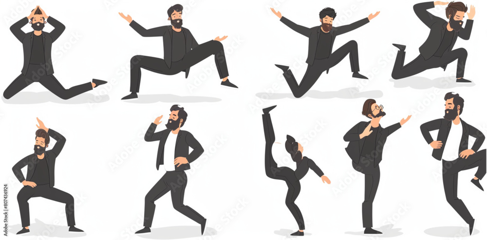 set of multiple poses and expressions, character sheet design of young ...