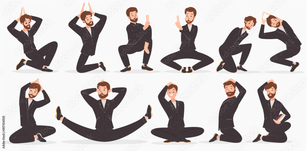 set of multiple poses and expressions, character sheet design of young ...