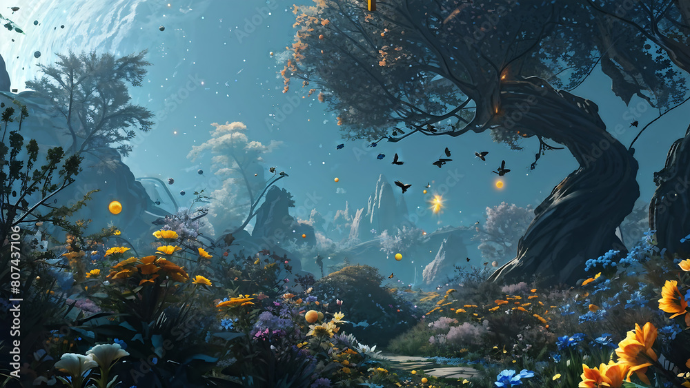 Gardens extending beyond earth's boundaries, merging into the cosmic ...