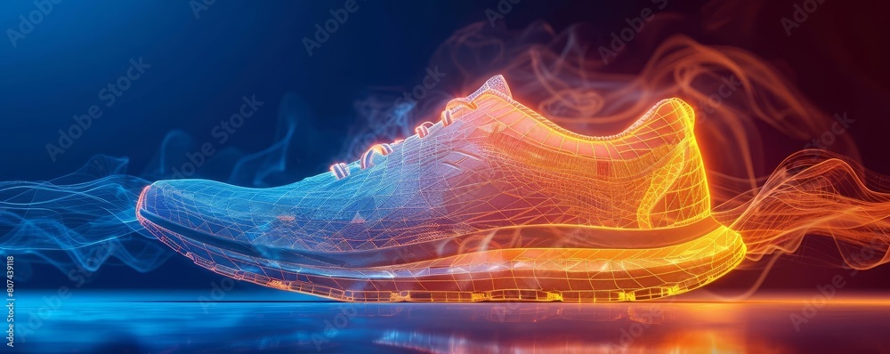 A wireframe shoe overlaid with a heatmap visualization of pressure ...