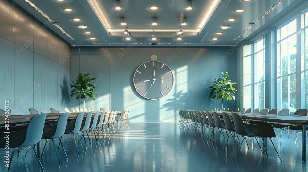 conference room with an empty seat and a digital clock on the wall ...