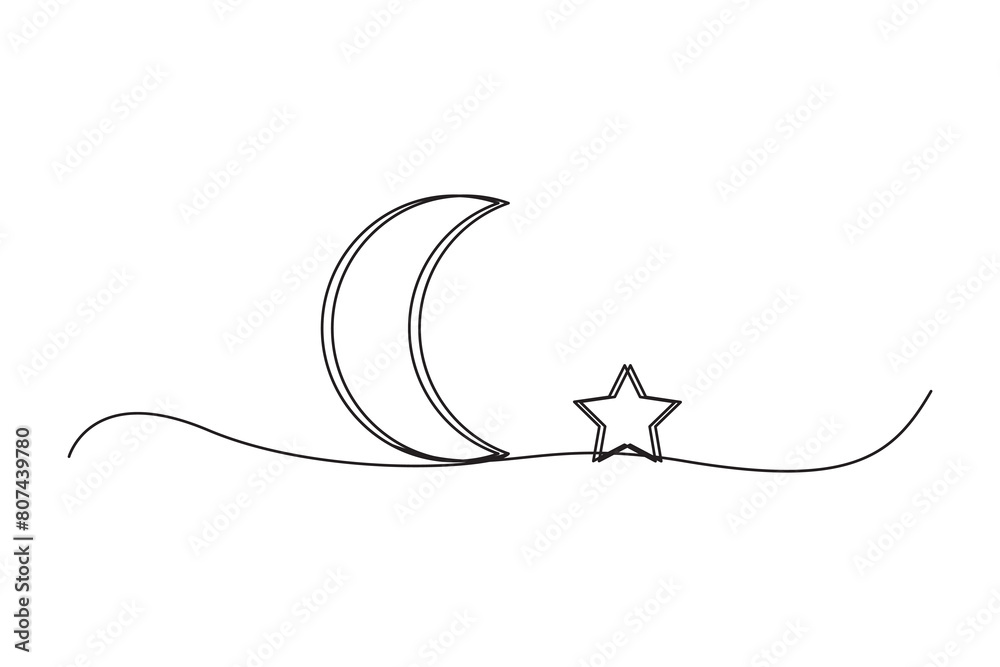 Crescent moon and star line art. Continuous line drawing. Simple ...