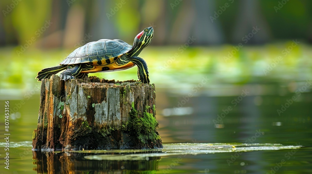 Yellow-bellied slider turtle enjoying the sun on a cypress tree stump ...