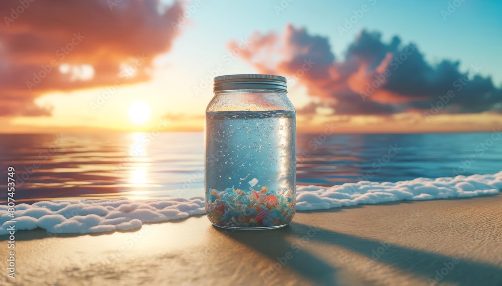 Microplastics in a clear jar show pollution on a beautiful beach sunset ...
