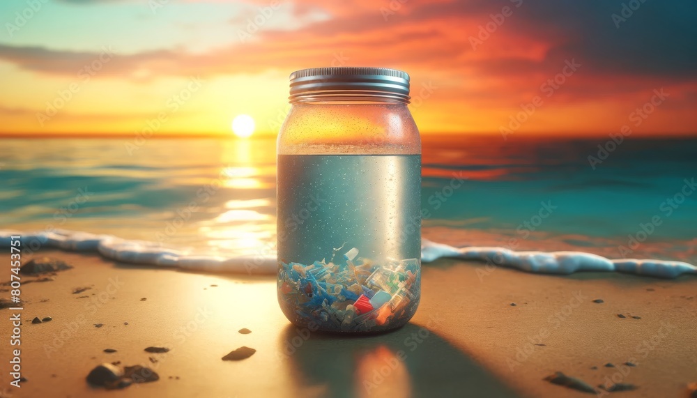 Microplastics in a clear jar show pollution on a beautiful beach sunset ...