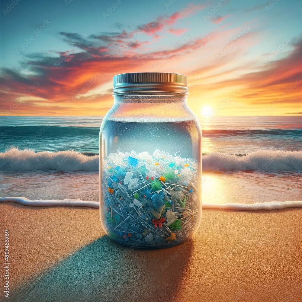 Microplastics in a clear jar show pollution on a beautiful beach sunset ...