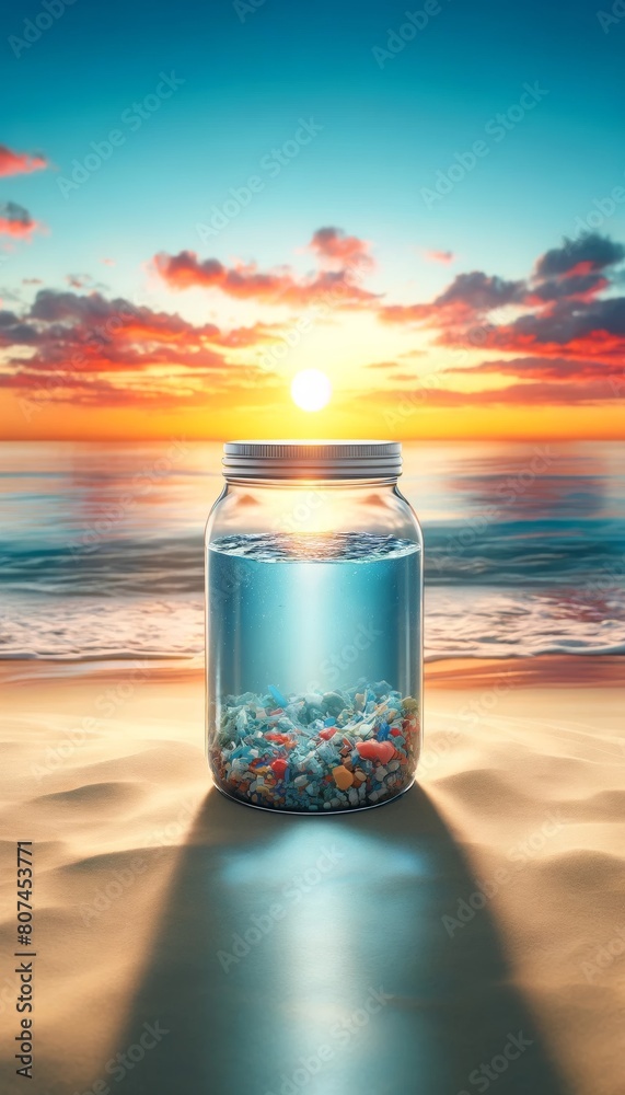Microplastics in a clear jar show pollution on a beautiful beach sunset ...