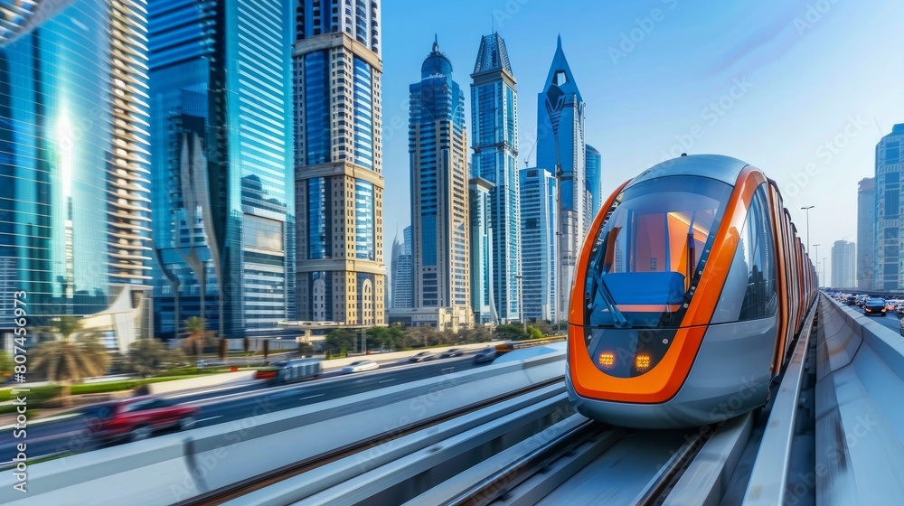Monorail Subway train rides among glass skyscrapers in Dubai. Traffic ...