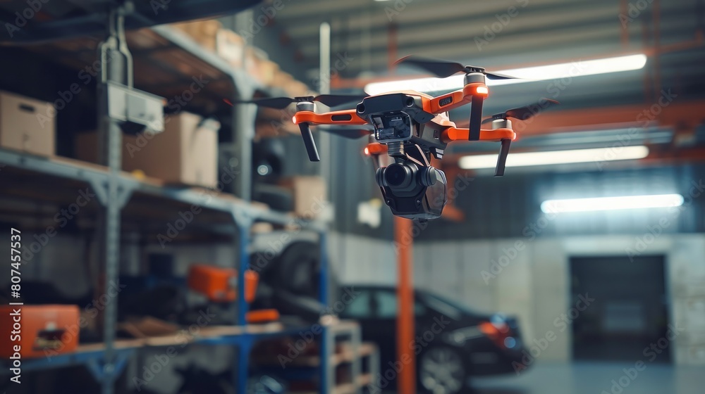 Spare part delivery drone at garage storage in leading automotive car ...