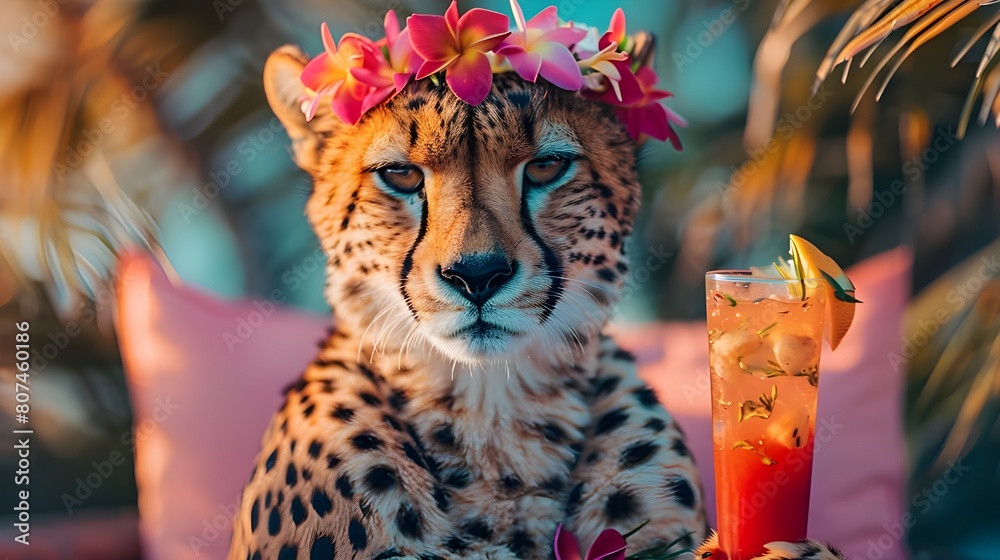 Cool party animal drinking cocktail on summer vacation, hipster cheetah ...