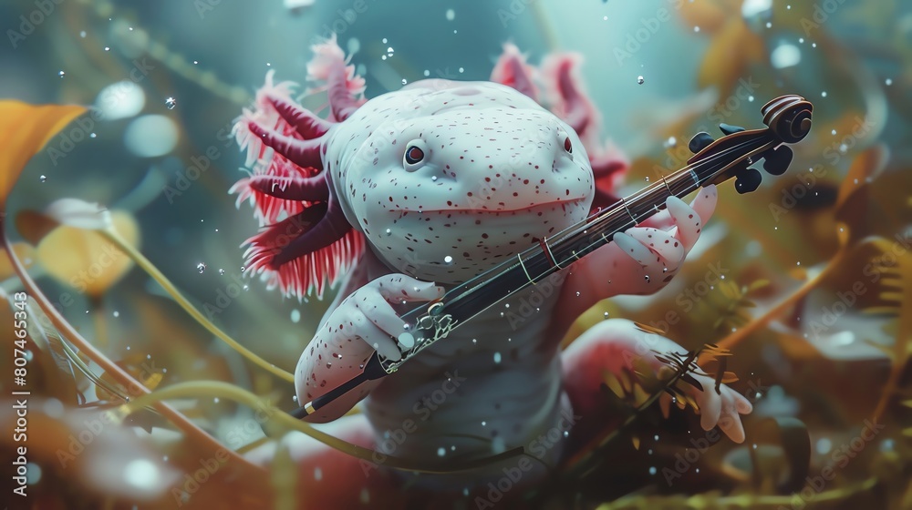 Animated axolotl conducting an underwater symphony, blending whimsical ...