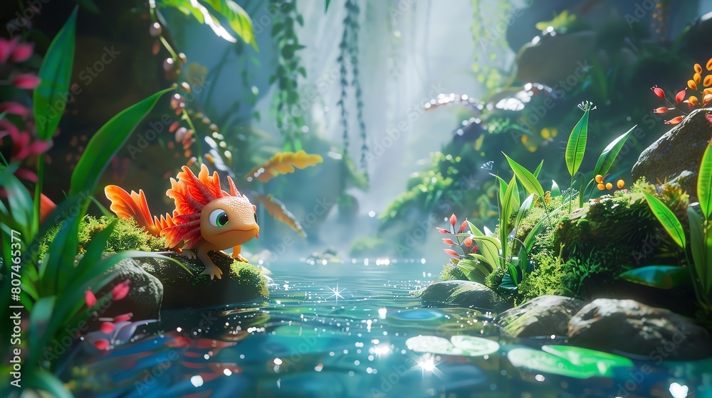 Animated jungle adventure with axolotls and velociraptors, vibrant and ...