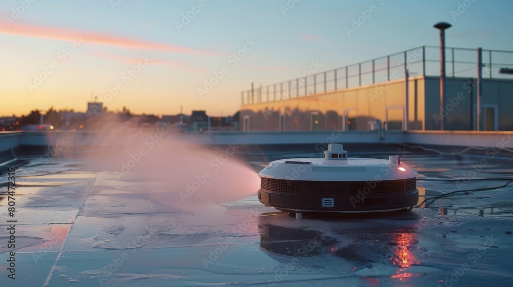 High-powered cleaning robot on a rooftop, spraying pressurized water ...