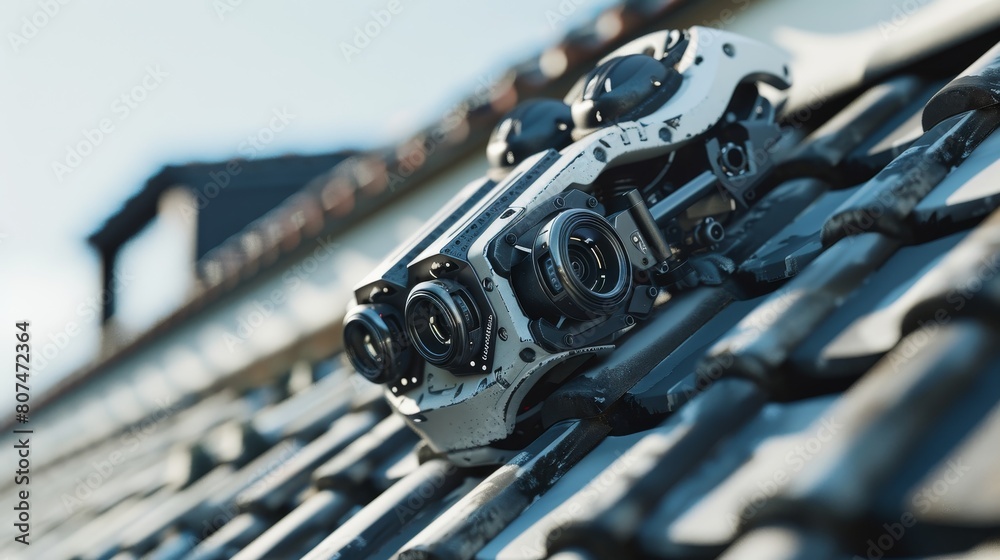 High-detail scene of a robot using air tools for roof repairs at a ...