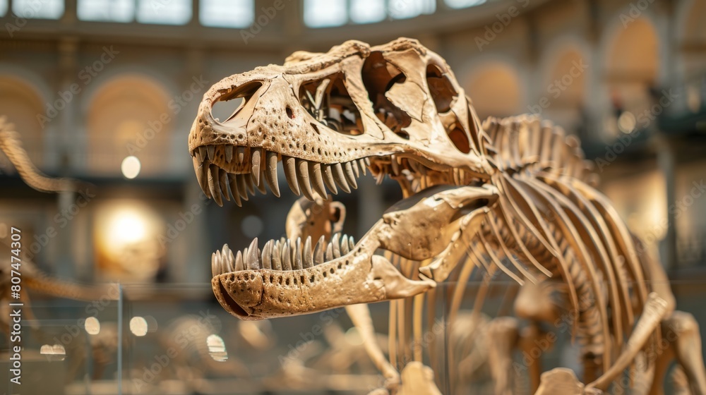 Dinosaur skeleton head on display in museum generative ai Stock ...