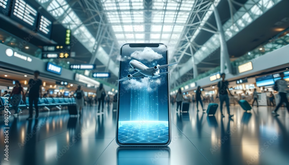 Upright Mobile Phone with 3D Airplane Hologram in Airport Terminal ...