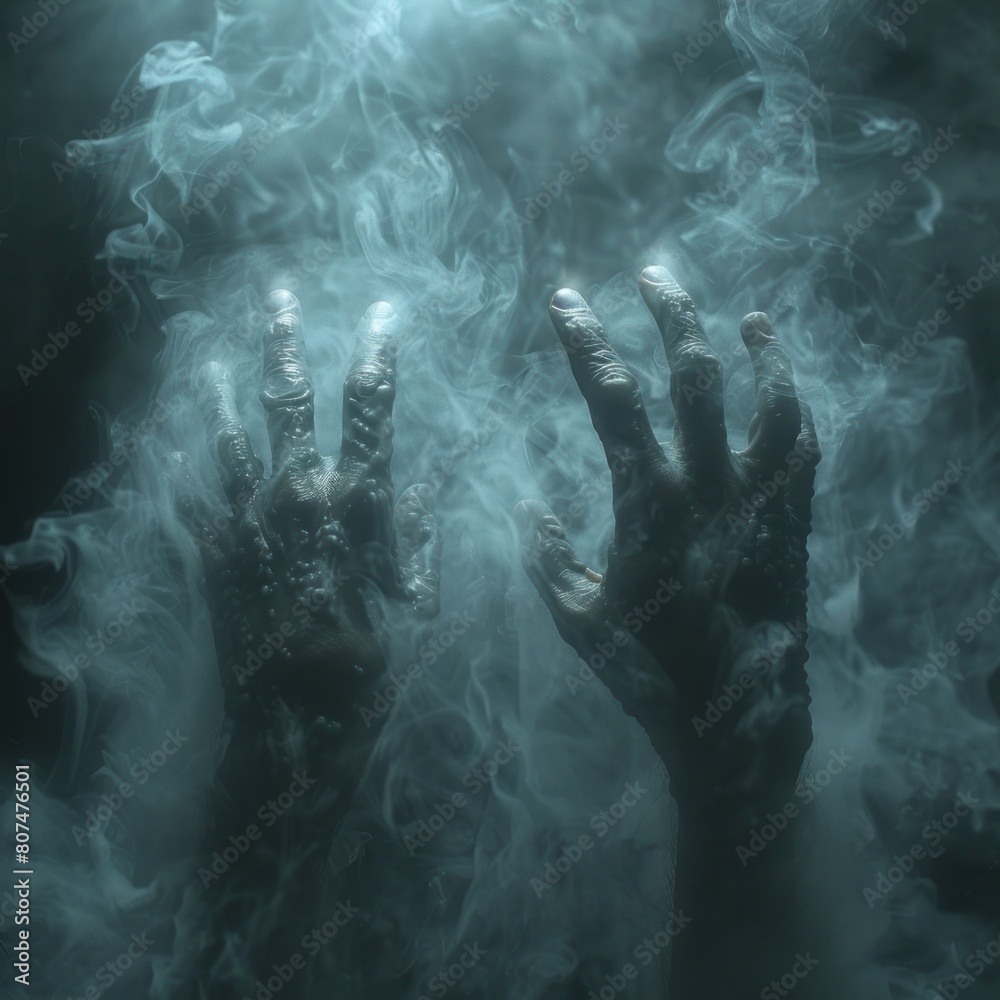 Two hands reaching out from darkness, one hand is raised towards the ...