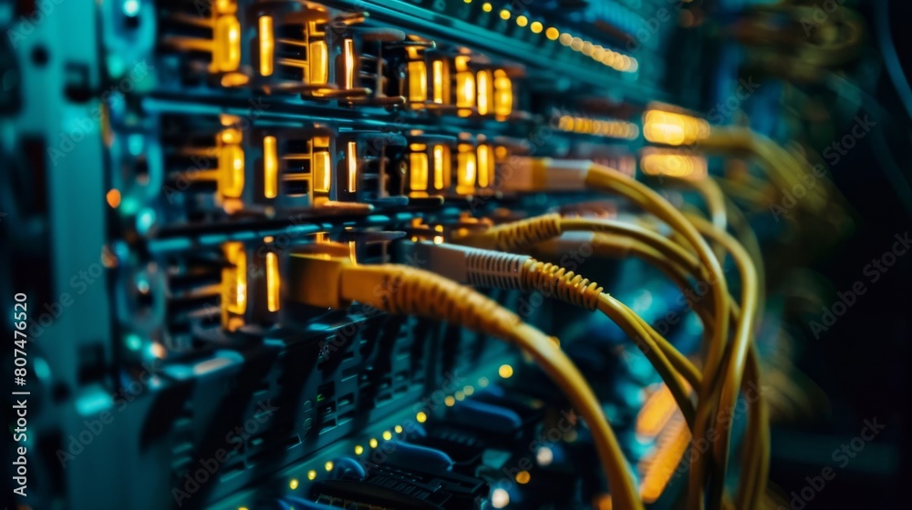 Fiber Optic cables connected to ports in a data center generative ai ...