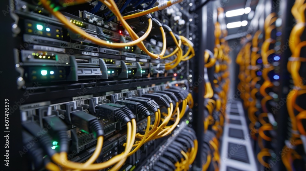 Fiber Optic cables connected to ports in a data center generative ai ...