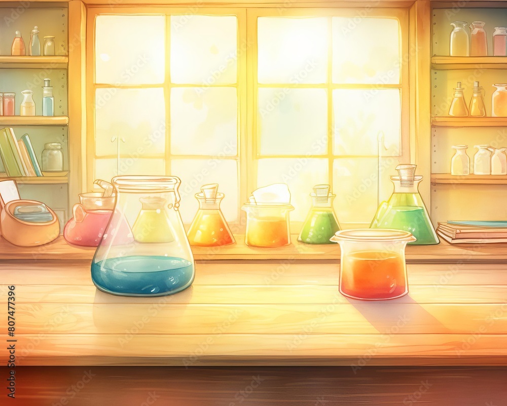 A messy chemistry lab with bubbling potions and colorful liquids Stock ...