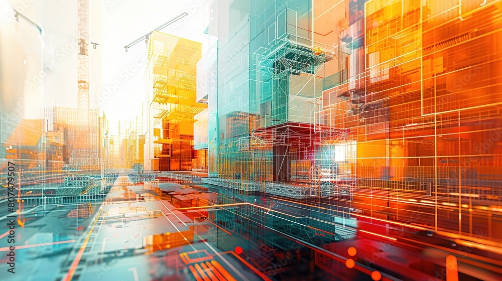 modern construction techniques, with vibrant colors and digital ...