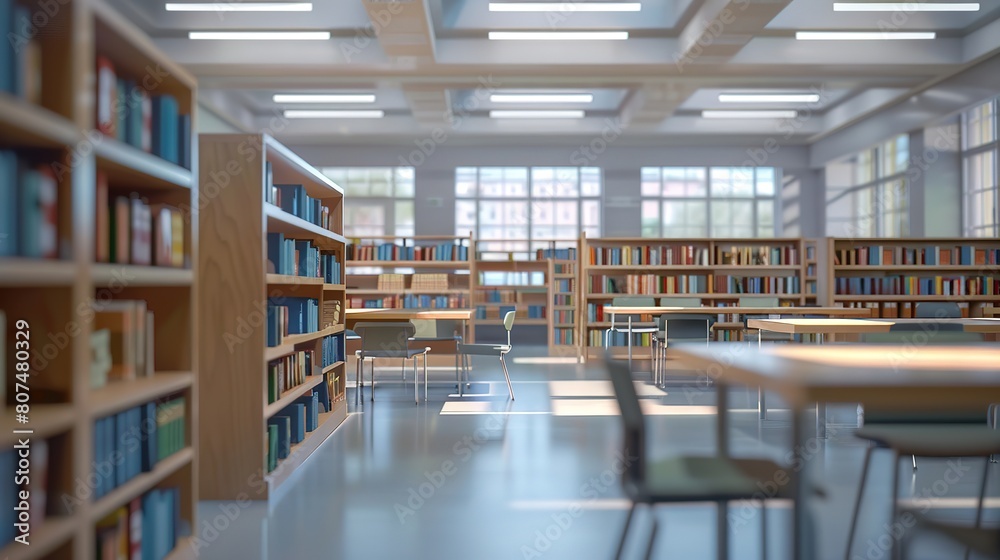 Spectacular Empty library interior with bookshelves and tables, Blurred ...