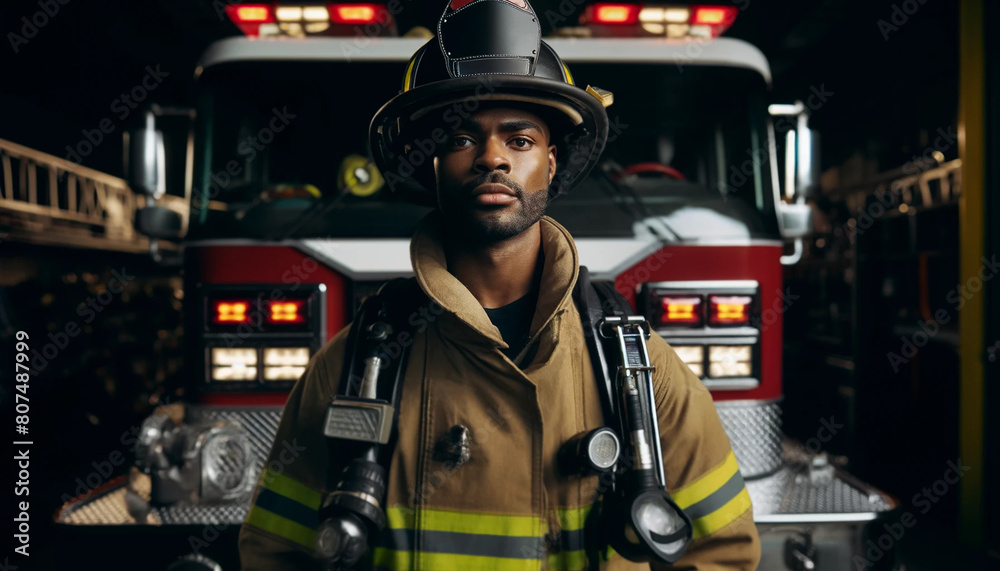 American firefighter standing in front of a fire engine. Dressed in ...