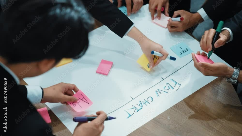 Close up of professional business team hands writing and putting sticky ...