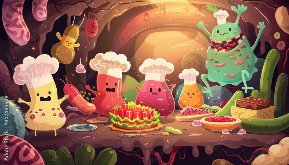 Illustration of cute cartoon bacteria wearing chef hats, cooking in an ...