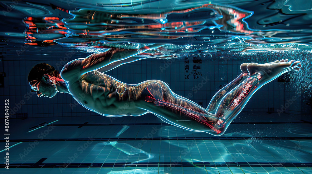 Illustrative portrayal of a competitive swimmer underwater, showcasing ...