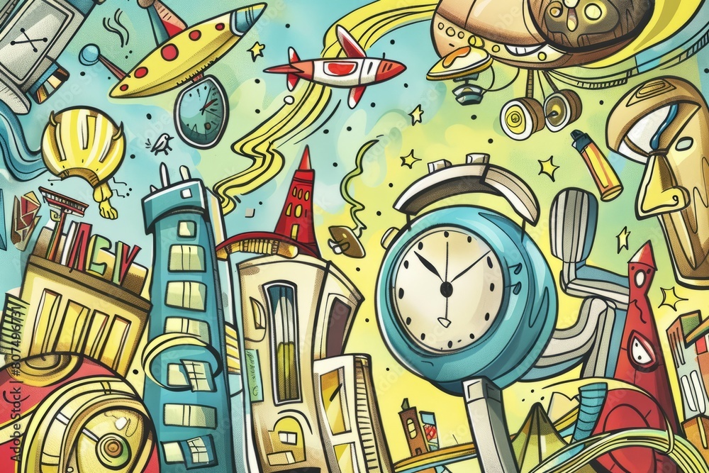 Cartoon cute doodles of a futuristic society where time travel is a ...