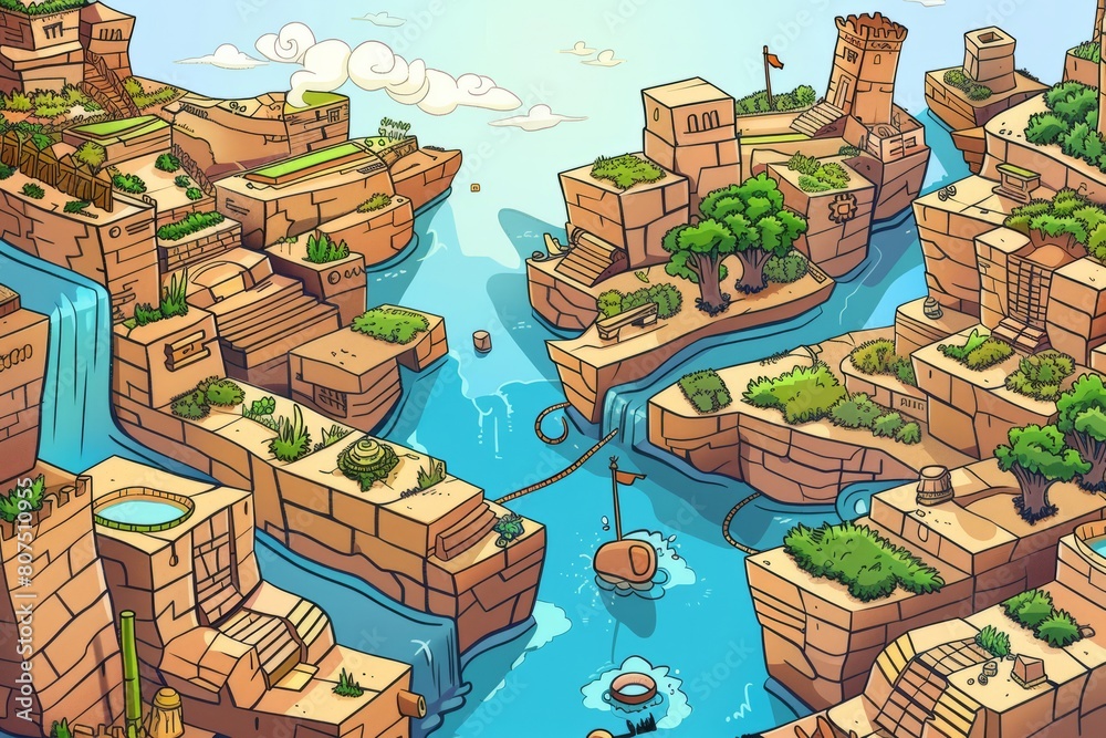 Cartoon cute doodles of intricate canal systems and floating gardens in ...