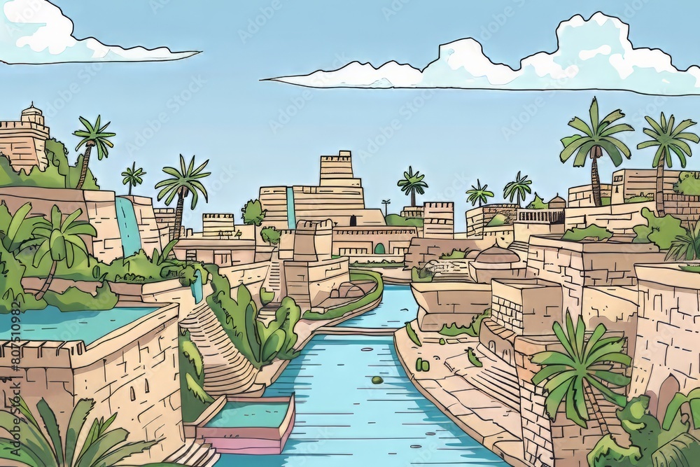 Cartoon cute doodles of intricate canal systems and floating gardens in ...
