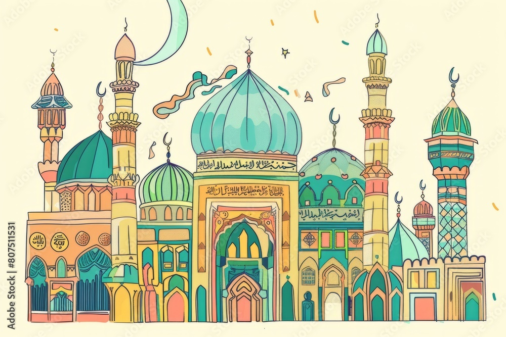 Cartoon cute doodles of ornate mosques and bustling souks in an ancient ...