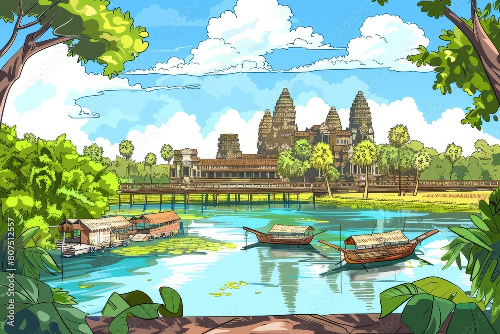 Cartoon cute doodles of ornate temples and bustling river docks in an ...