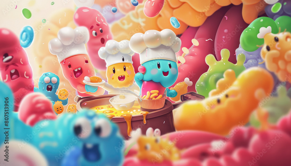 Illustration of cute cartoon bacteria wearing chef hats, cooking in an ...