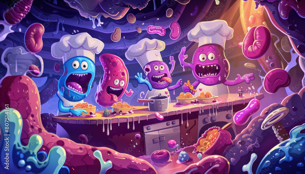 Illustration of cute cartoon bacteria wearing chef hats, cooking in an ...