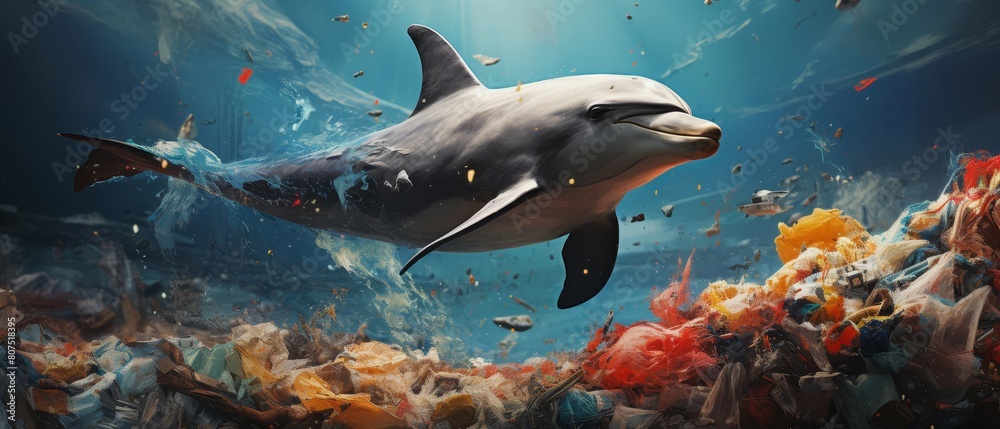Impact of plastic waste on marine life, featuring a dolphin navigating ...