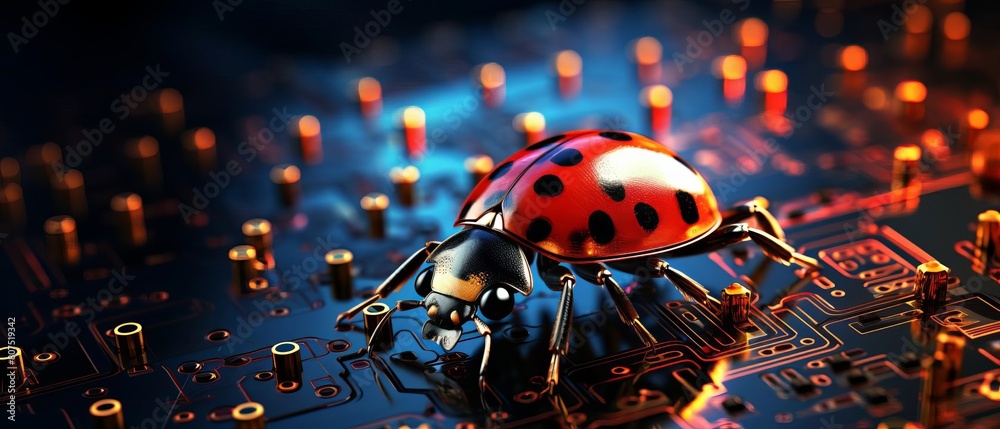 Debugging concept with a ladybug exploring computer circuits, technology background Stock ...