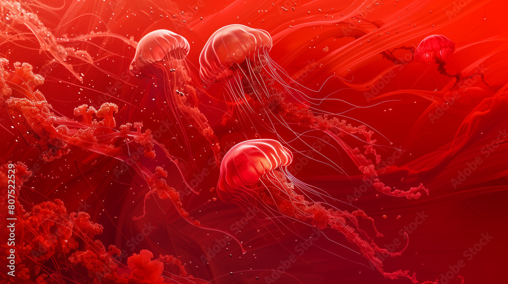 In this striking illustration, a red jellyfish gracefully glides ...