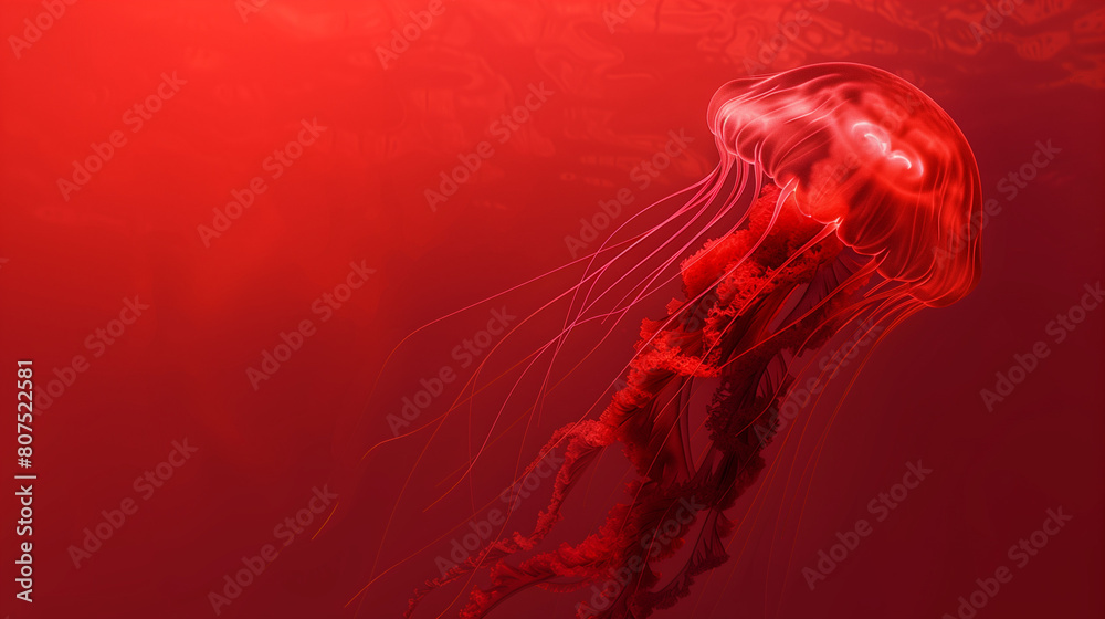 In this striking illustration, a red jellyfish gracefully glides ...