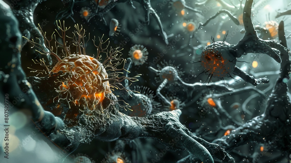Microscopic view of malignant cancer cells in a hostile environment ...
