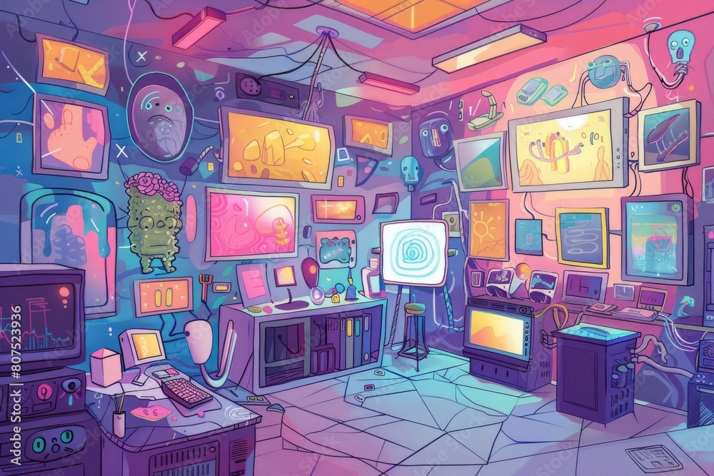 Cartoon cute doodles of a cybernetic art gallery showcasing digital ...
