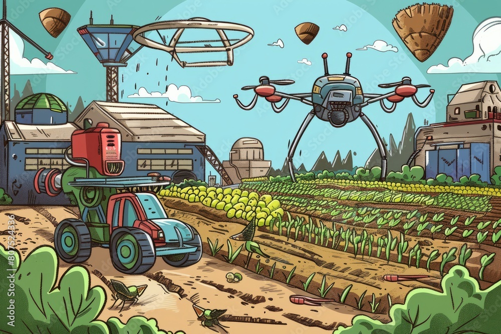 Cartoon cute doodles of a cybernetic farm where robotic drones tend to ...