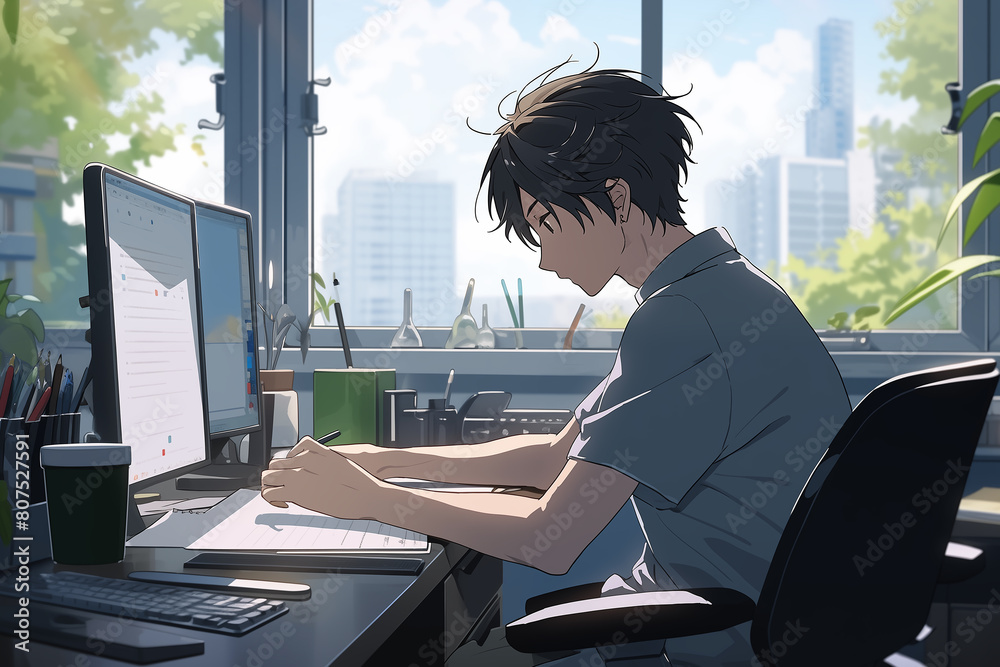 Anime Boy is working on computer near the window in office at sunny day ...