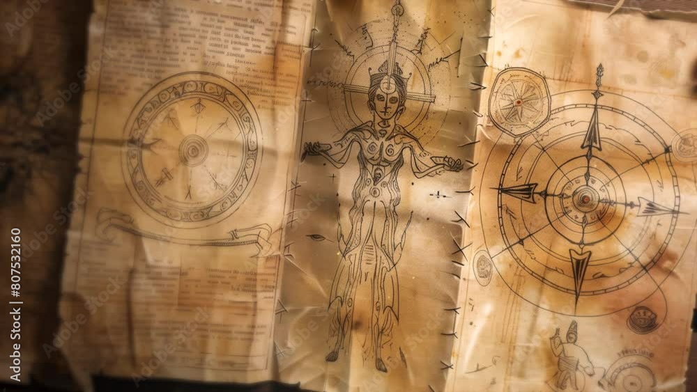 Old, wrinkled and textured parchment scroll, resembling a pirate's ...