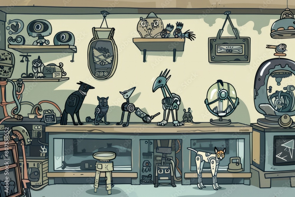 Cartoon cute doodles of a cybernetic pet shop where robotic animals of ...