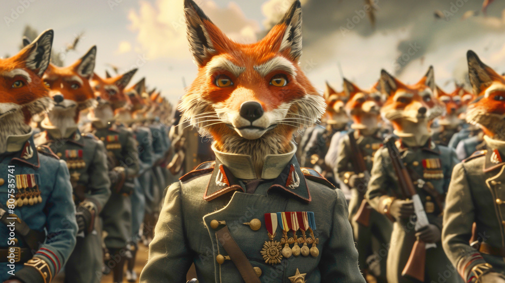 Cute and clever Fox soldier Army in uniform and holding weapon. Stock ...