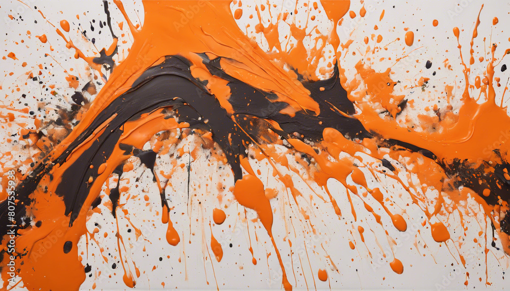 An intricate top-down view of electric orange paint splatters dispersed ...